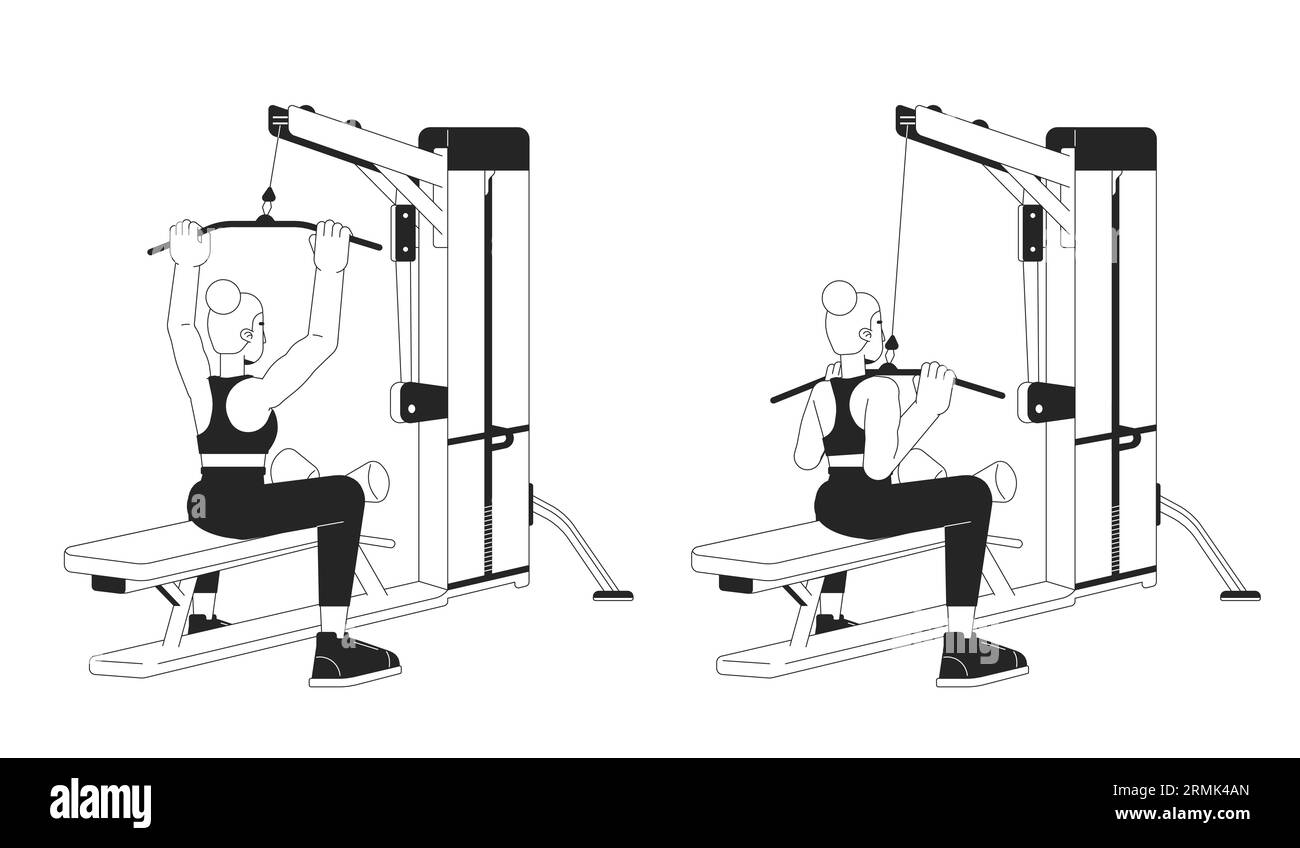 Working out on lat pulldown machine bw vector spot illustration Stock ...