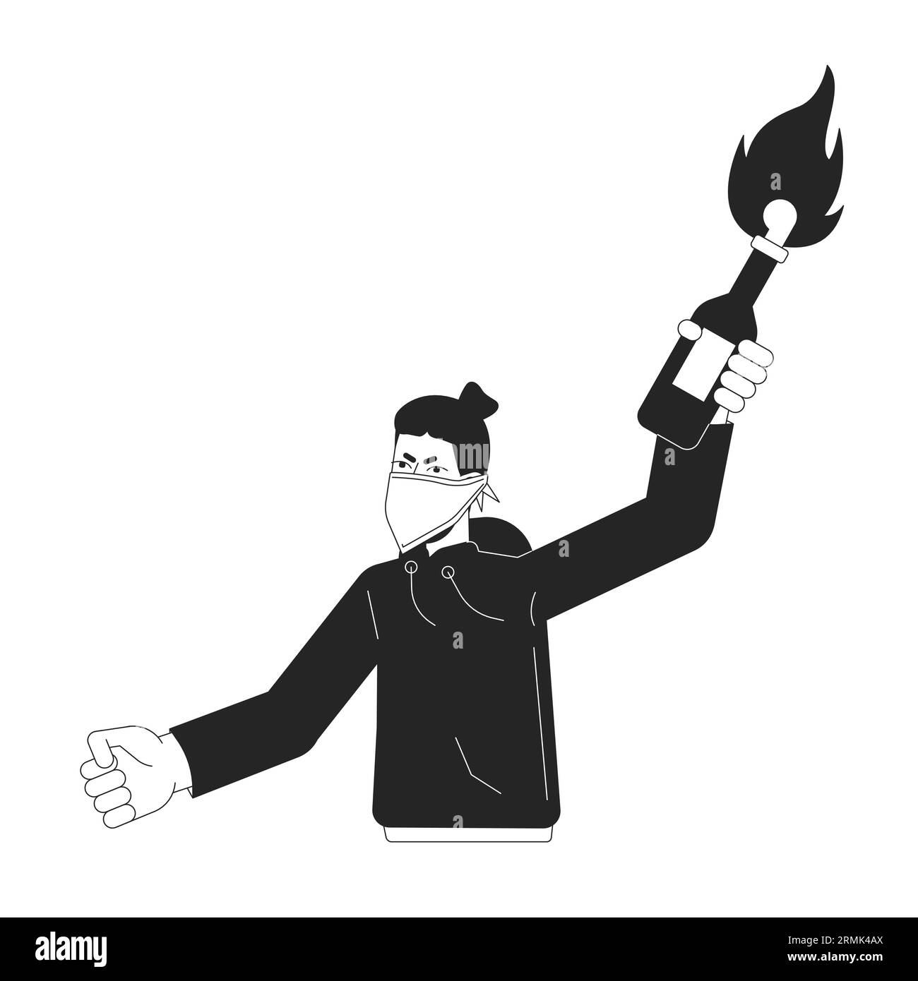 Rebel Holding Molotov Cocktail Flat Line Black White Vector Character