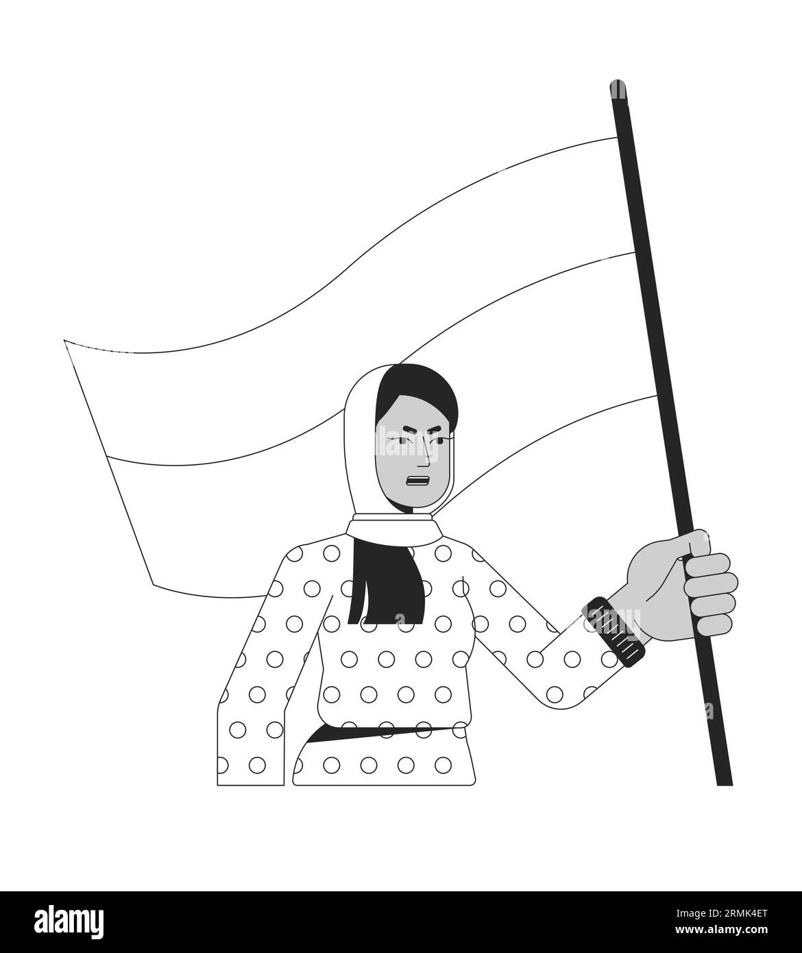 Muslim woman with flag flat line black white vector character Stock ...