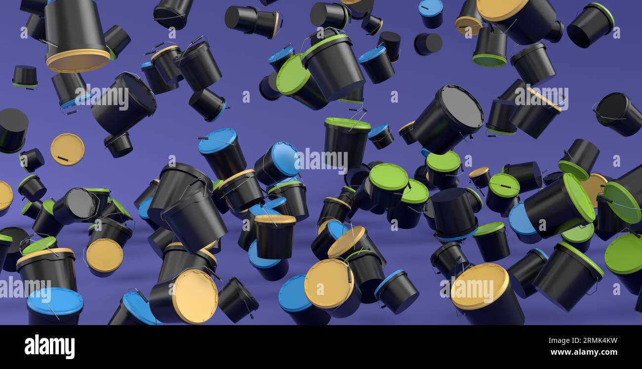 Many of flying plastic cans or buckets on violet background. 3d render ...