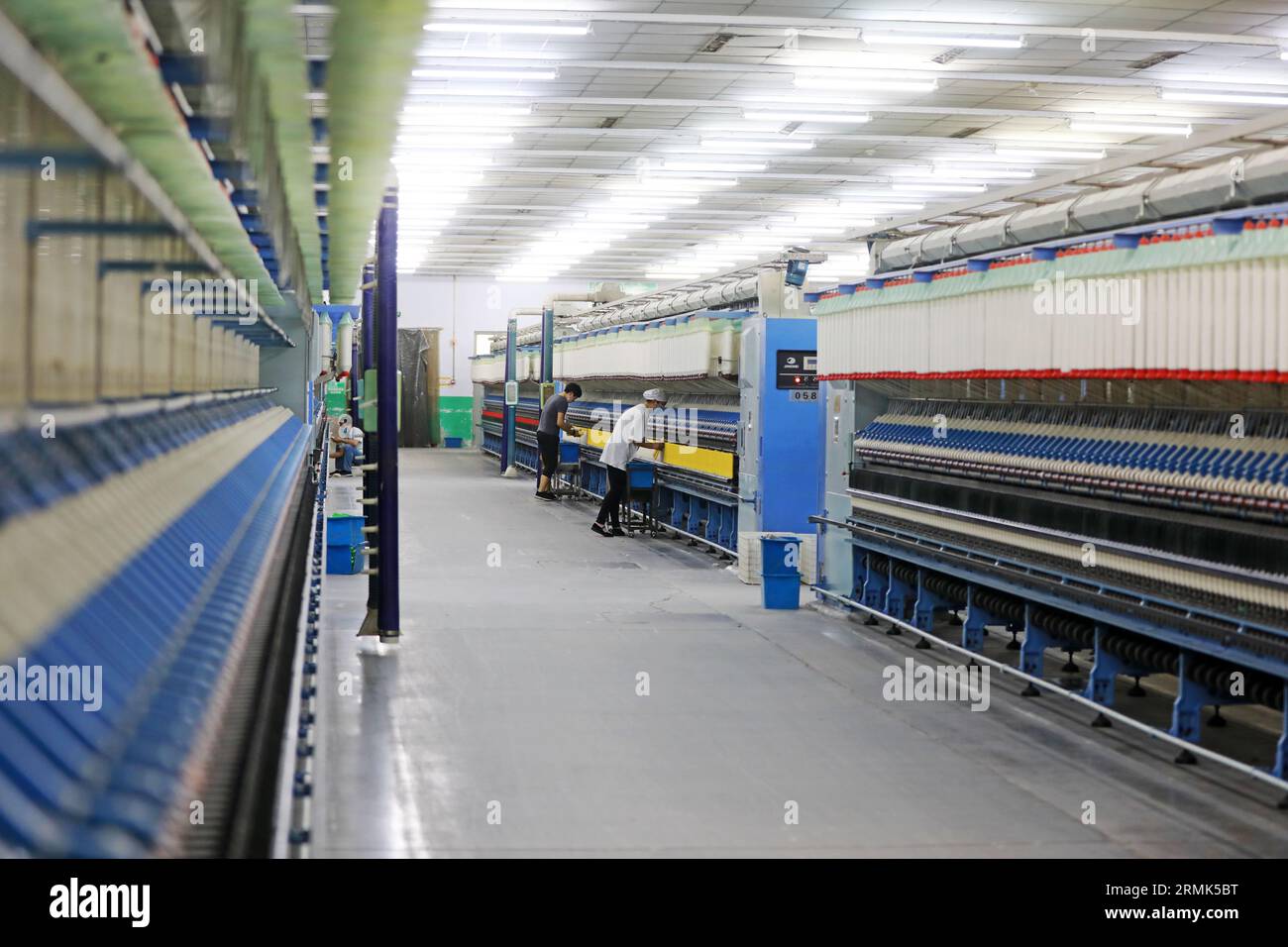 The female worker is busy on the production line in a spinning factory ...