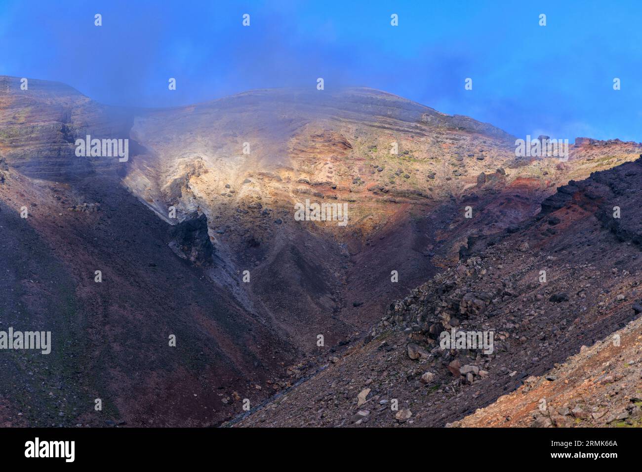 Steep rocky terrain near summit of volcanic Asahidake in Hokkaido ...