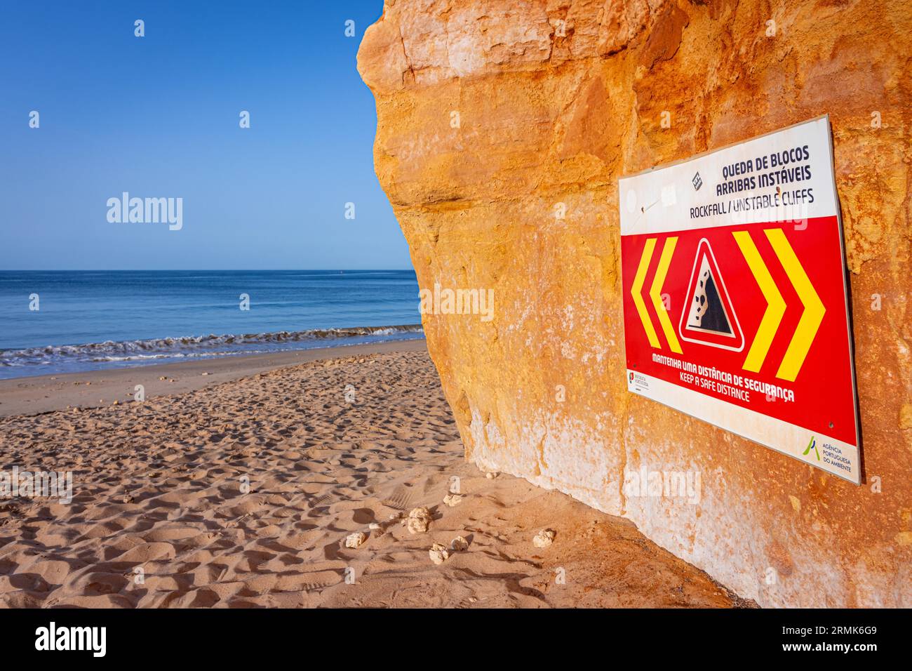 ROCKFALL UNSTABLE CLIFFS, KEEP A SAFE DISTANCE is written in English on ...