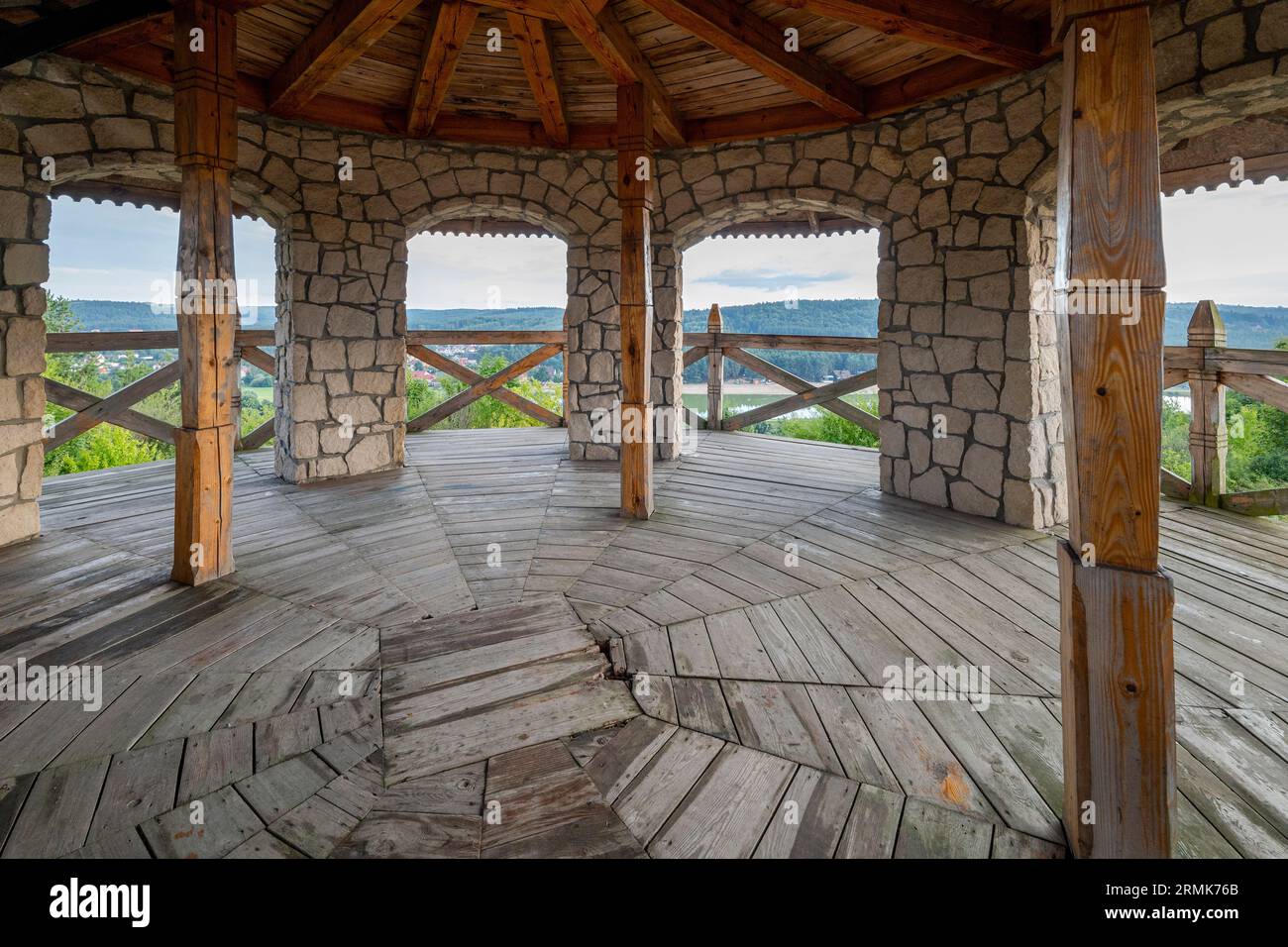 The observation tower in Krasnobród. View from inside the tower. Stone ...