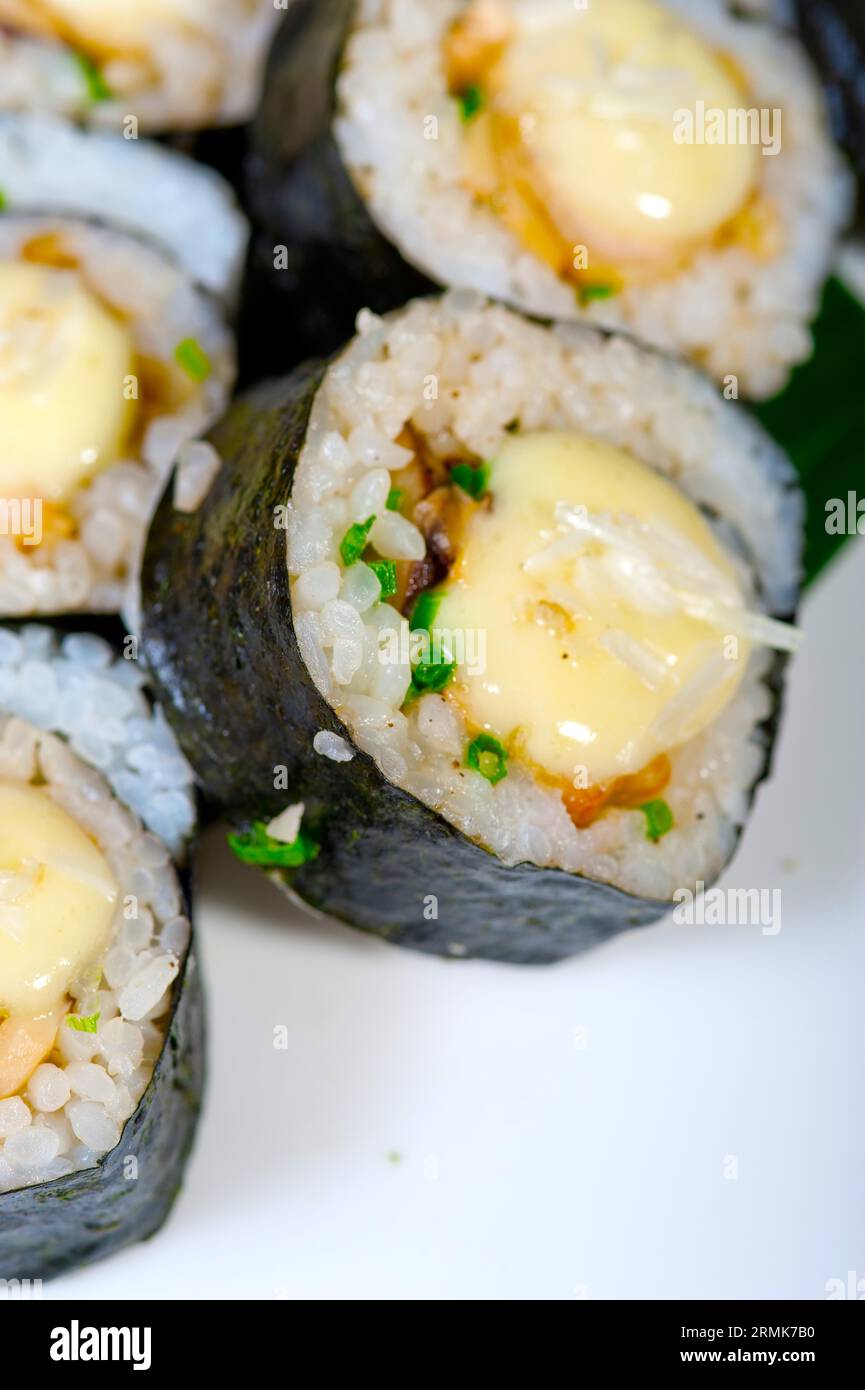 Macro closeup of fresh sushi choice combination assortment selection ...