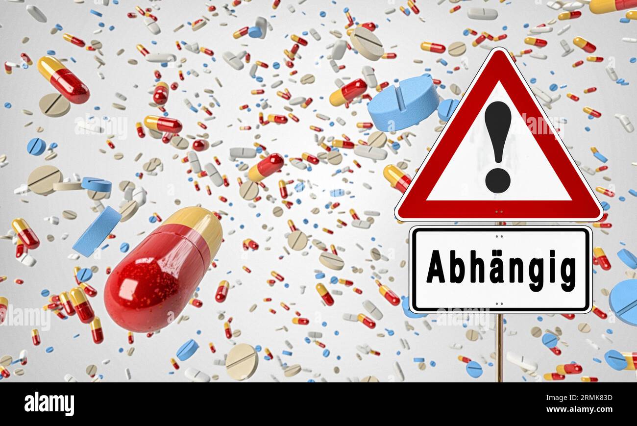 Symbol image, attention sign for tablet addiction, danger of addiction ...