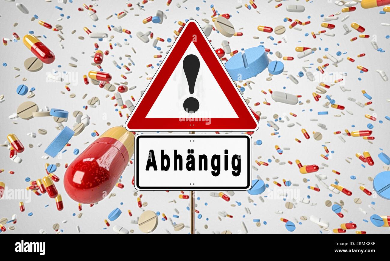 Symbol image, attention sign for tablet addiction, danger of addiction ...