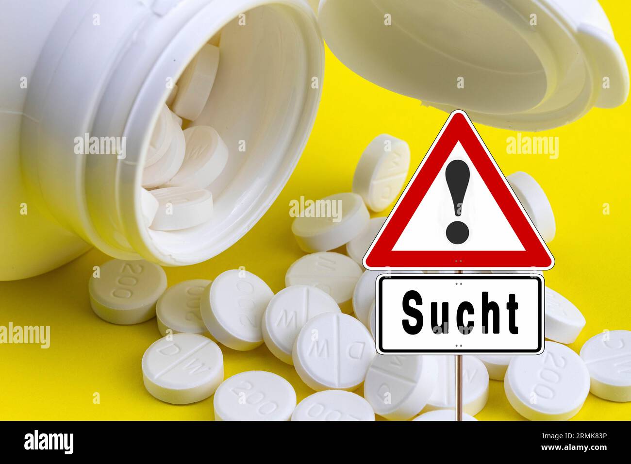 Symbol image, attention sign for tablet addiction, danger of addiction ...