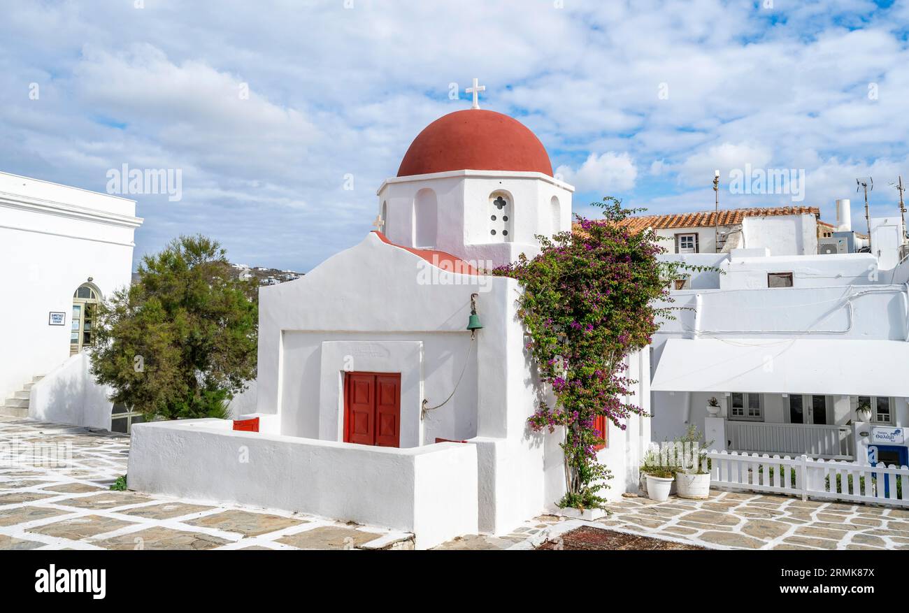 White Greek Orthodox Church of St. Nicholas with red roof and ...