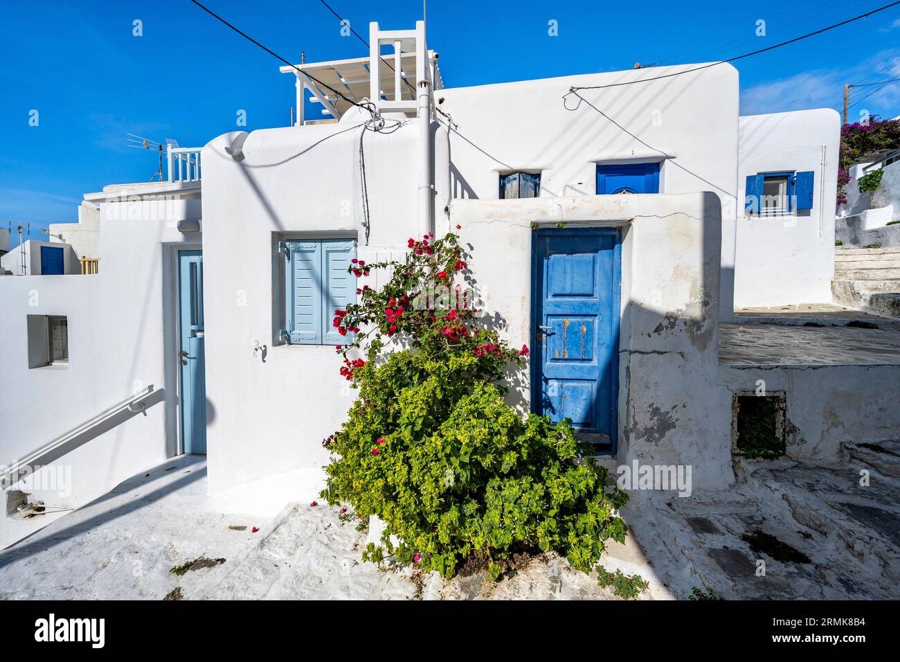 Cycladic white houses with blue shutters and doors, alleys of the old ...