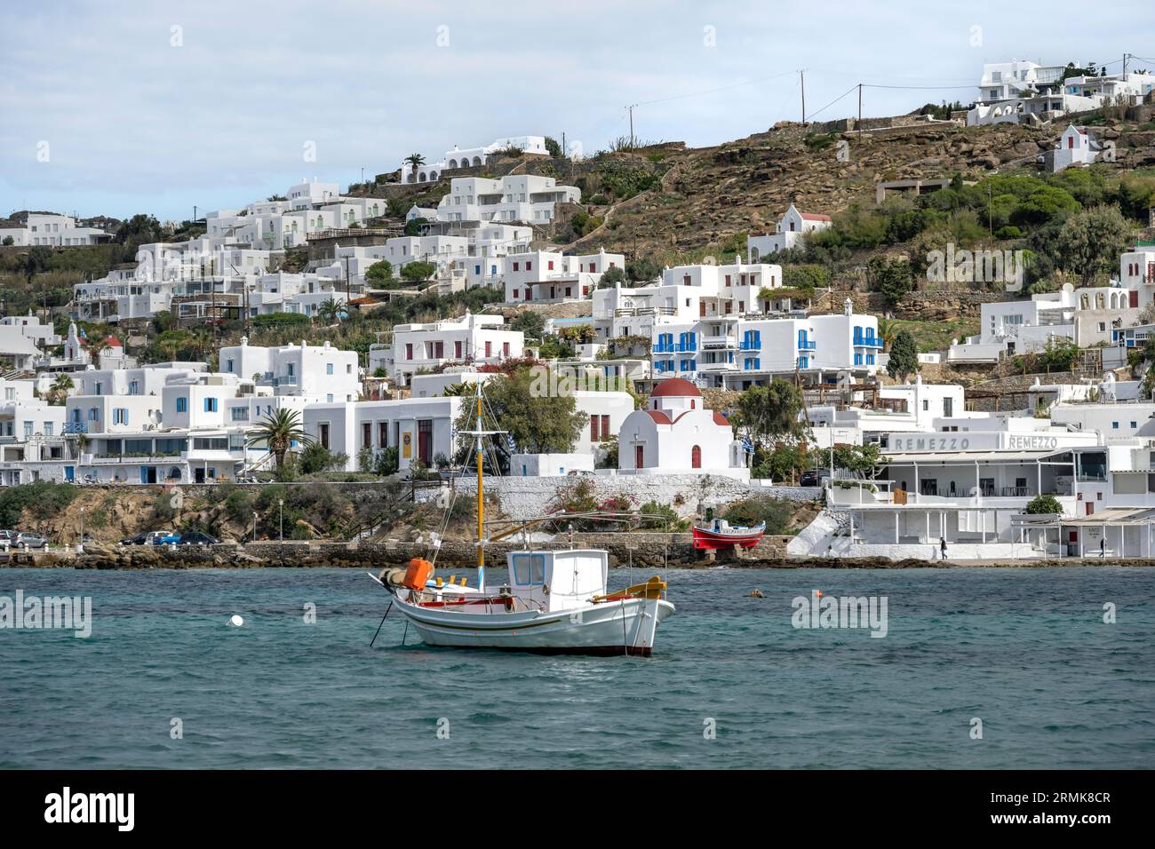 Old port of Mykonos with colourful fishing boat, white Cycladic houses ...