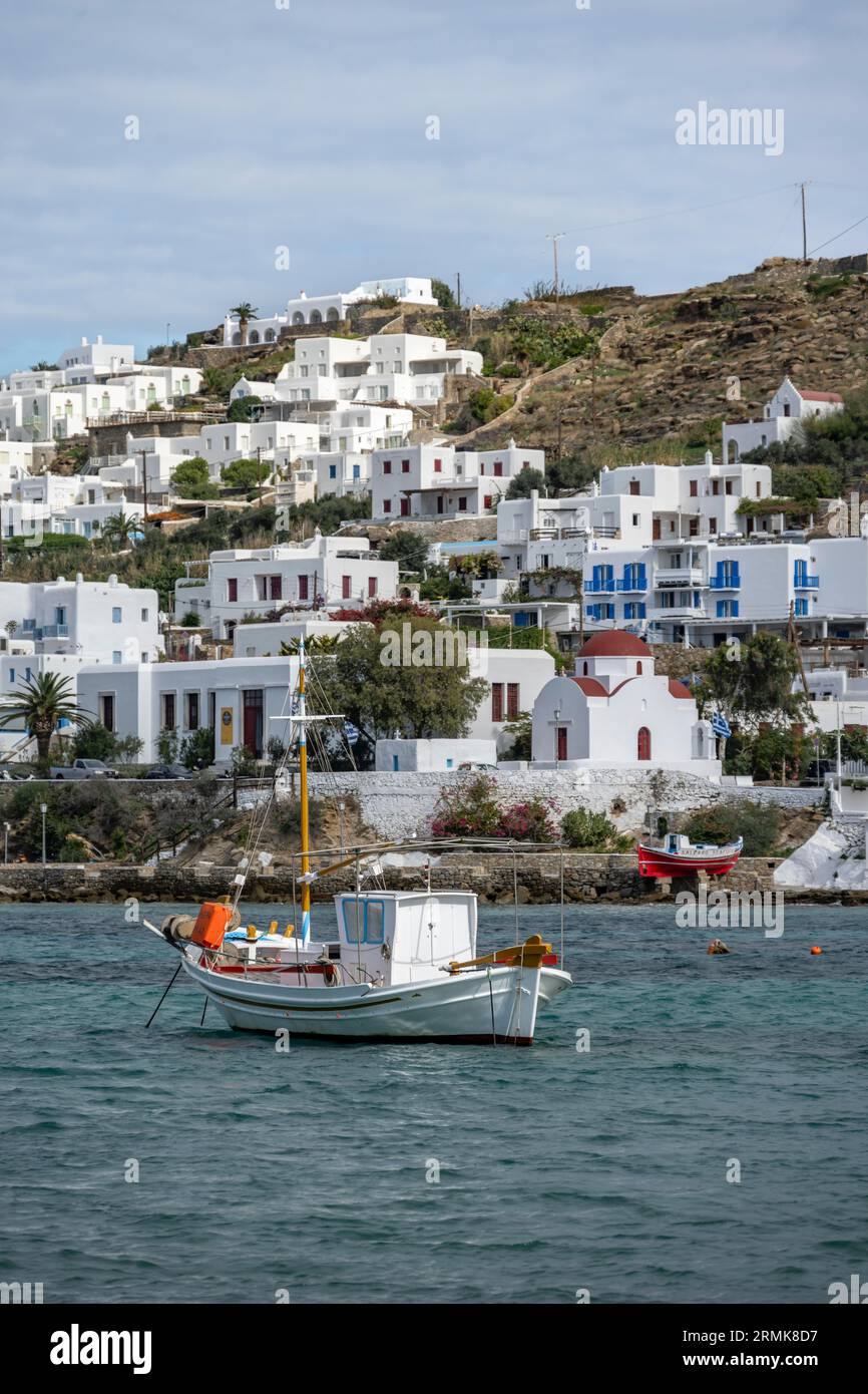 Old port of Mykonos with colourful fishing boat, white Cycladic houses ...