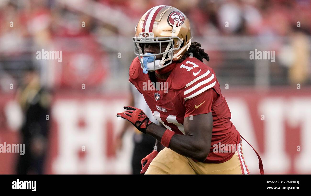 San Francisco 49ers wide receiver Brandon Aiyuk plays against the Los ...