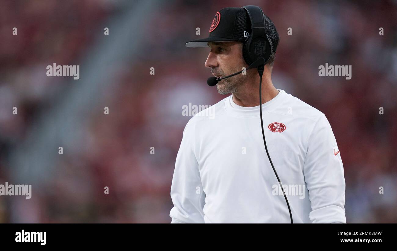 San Francisco 49ers head coach Kyle Shanahan watches during the first ...