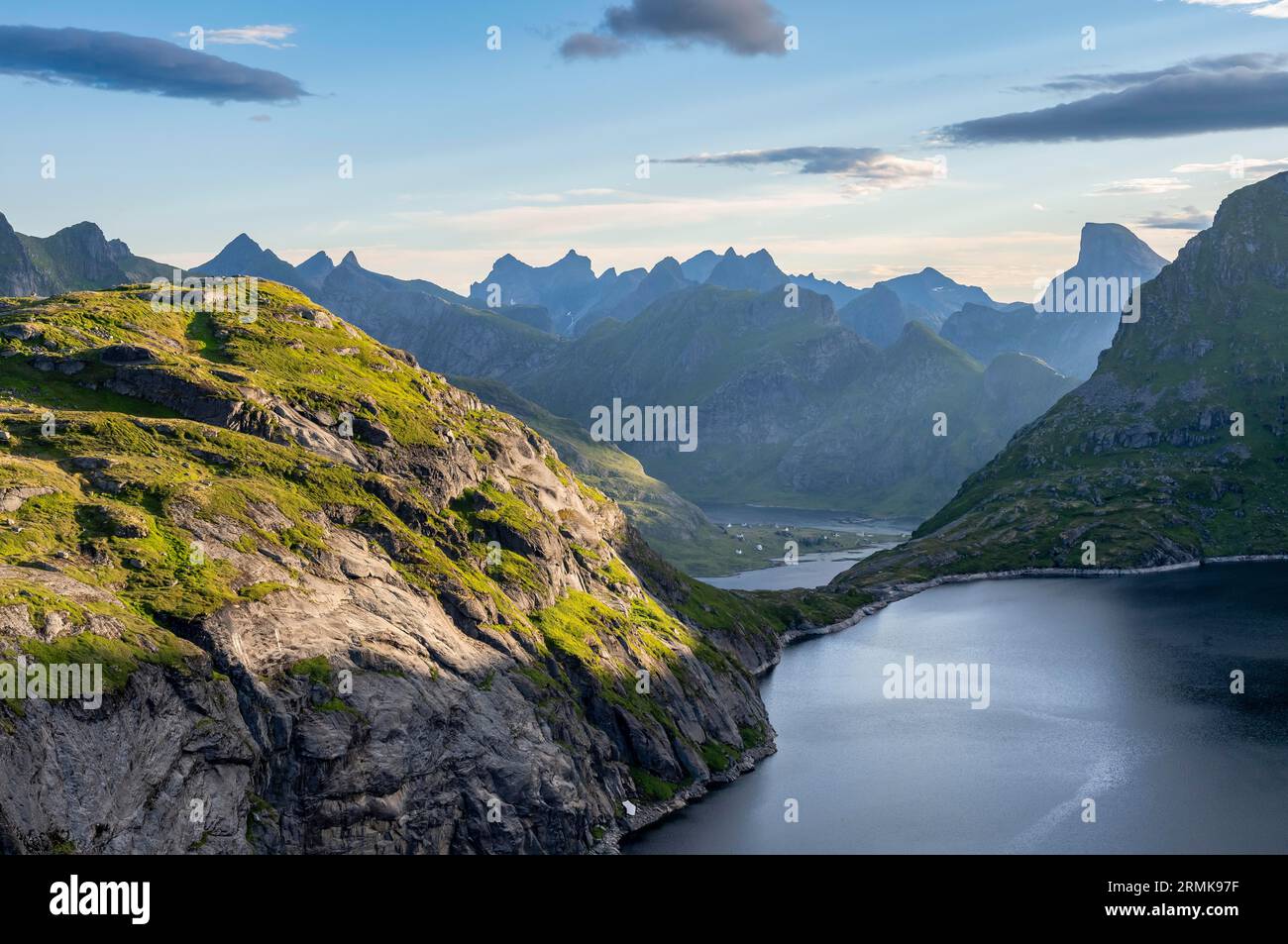 Mountain landscape with lake Tennesvatnet, view of fjord Forsfjorden ...