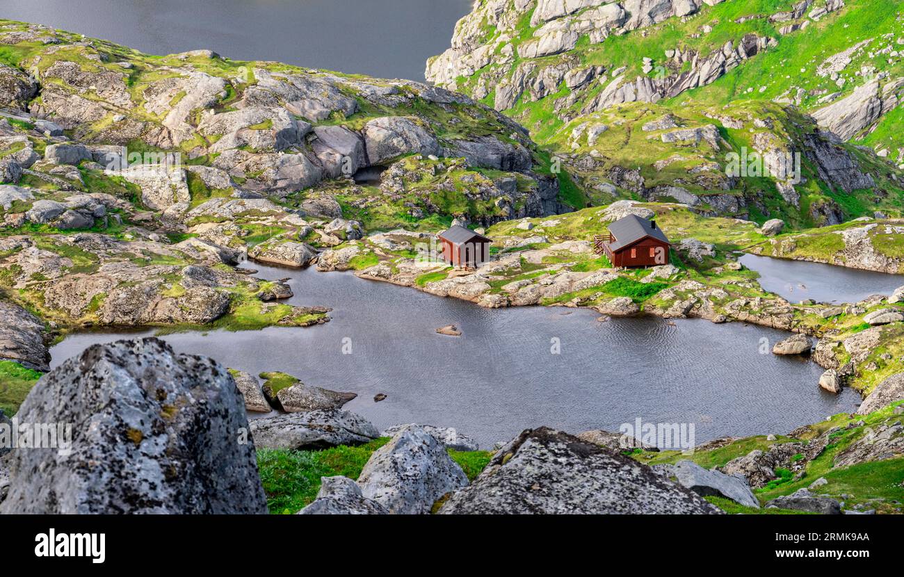 Mountain landscape with Munkebu mountain hut and small lakes, view from ...