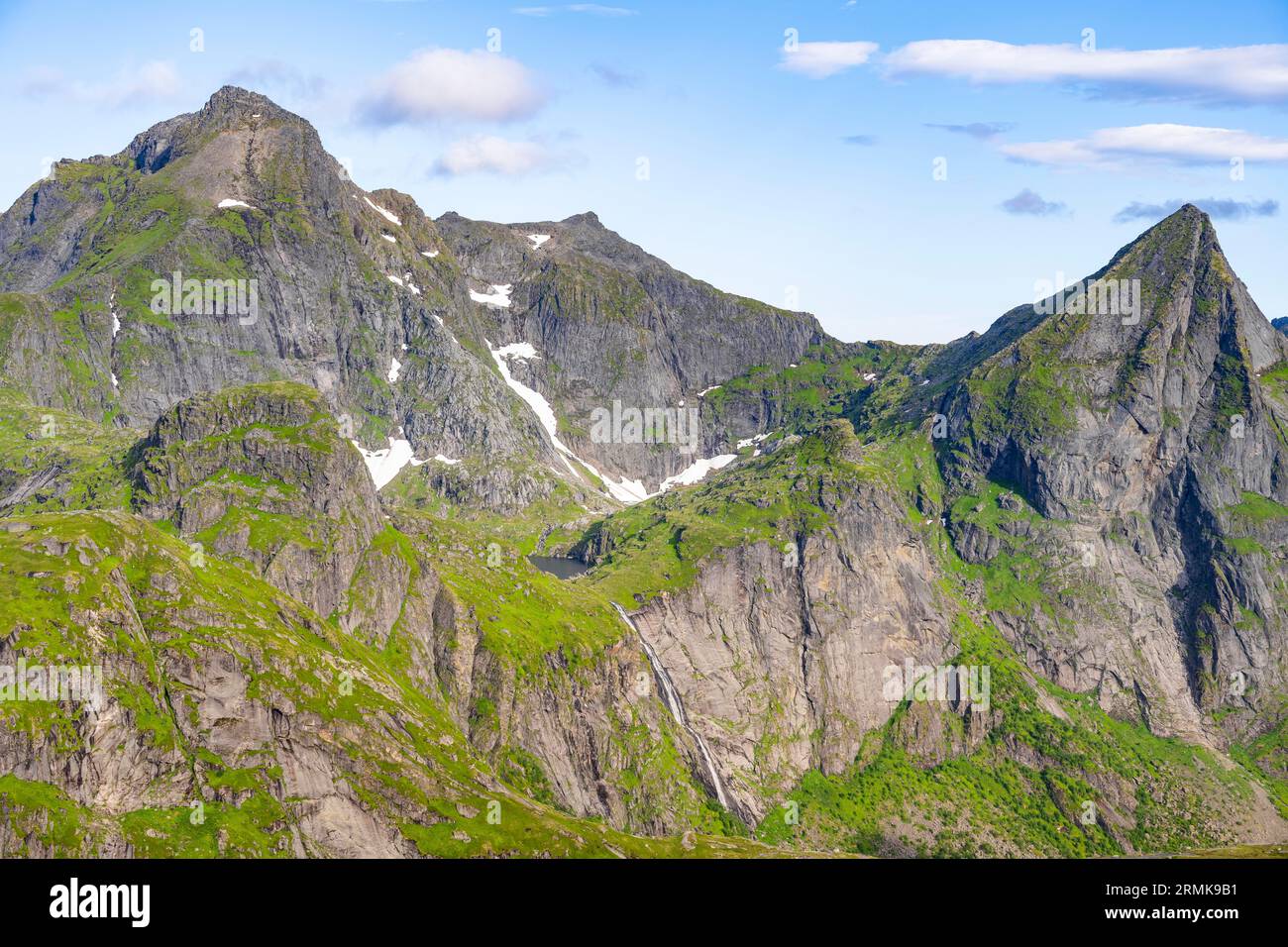 Mountain landscape with steep rocky peaks and waterfall, summit of ...