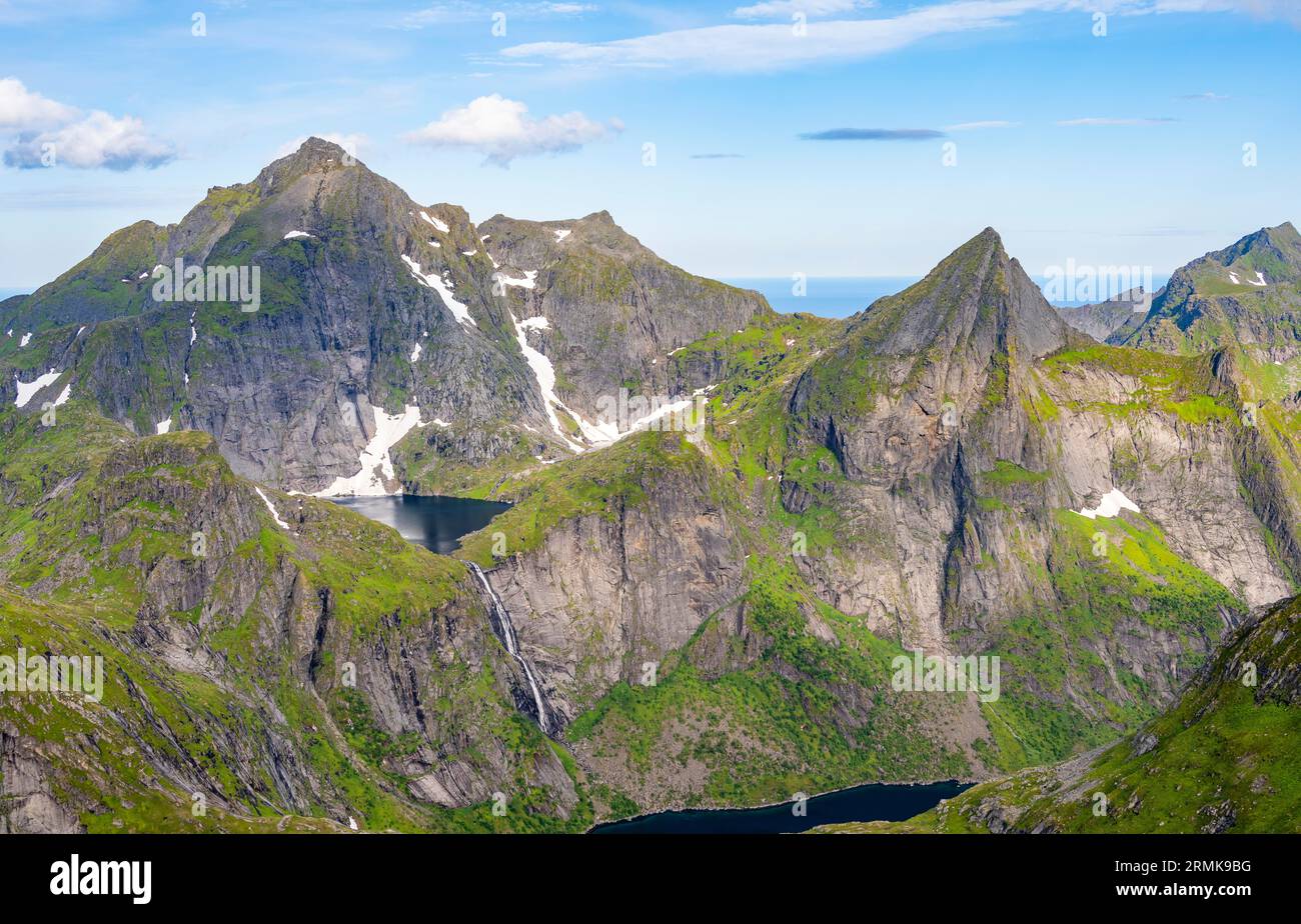 Mountain landscape with steep rocky peaks and waterfall, summit of ...