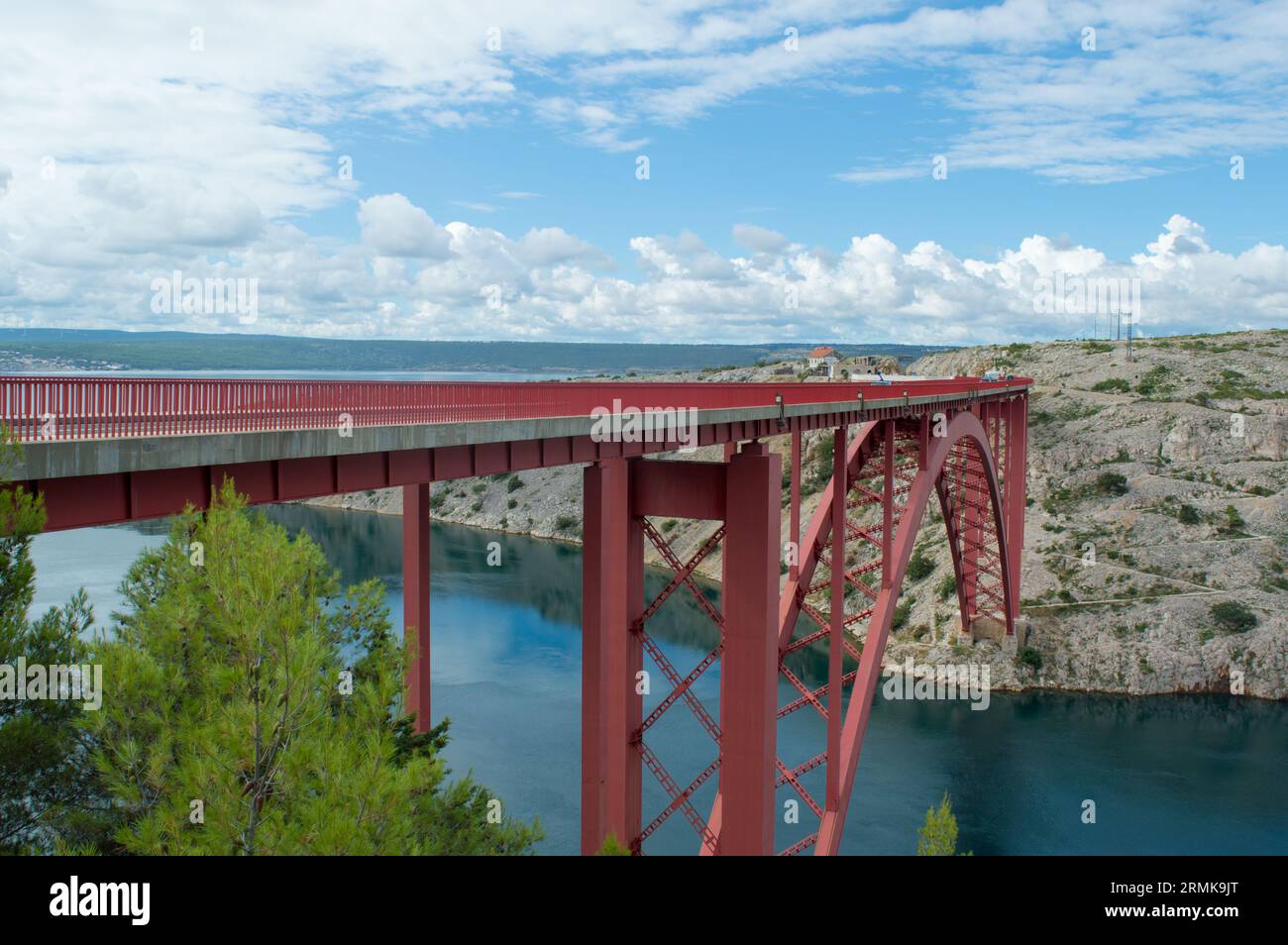 Red bridge Maslenica in Croatia, deck arch bridge over the Adriatic sea ...