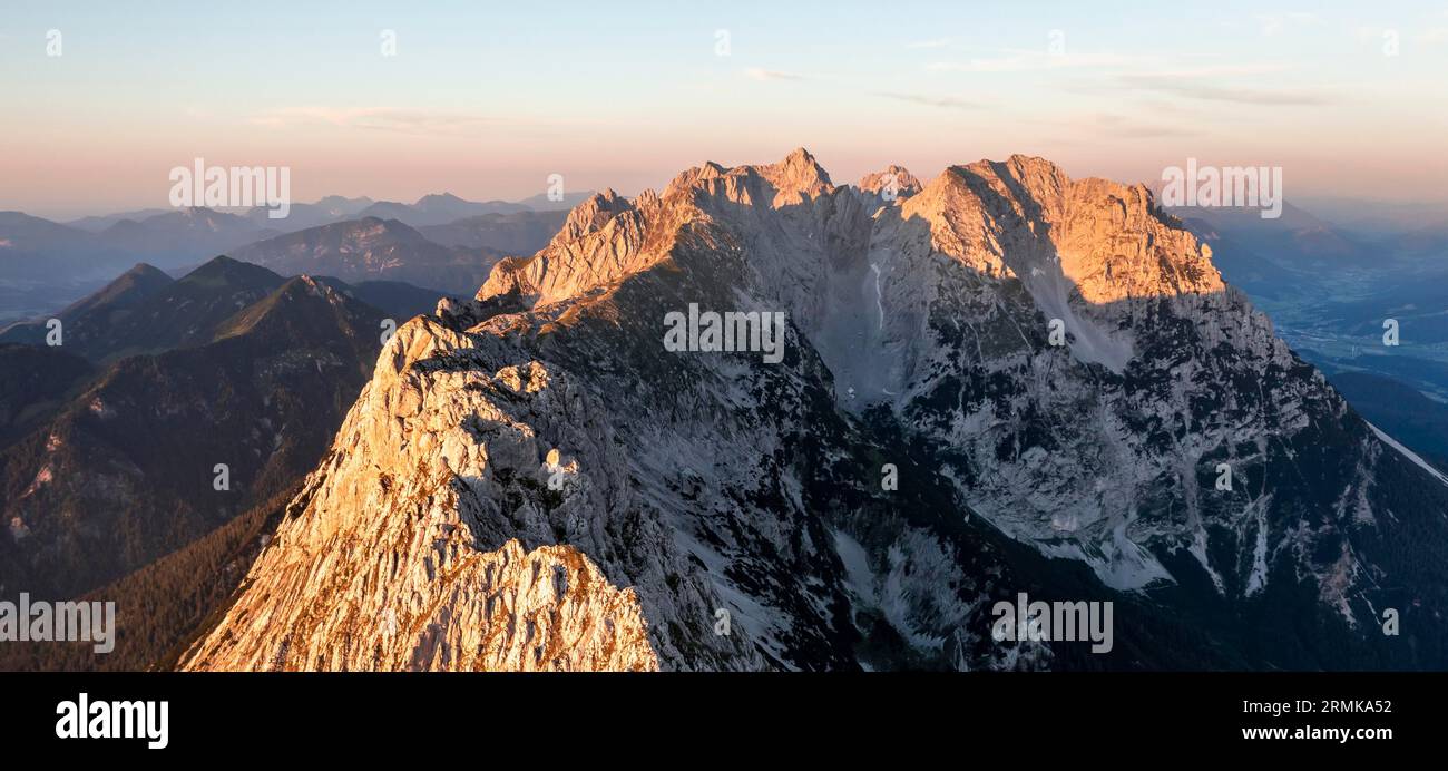 Aerial view, sunset, alpenglow in the mountains, mountain range, Wilder ...