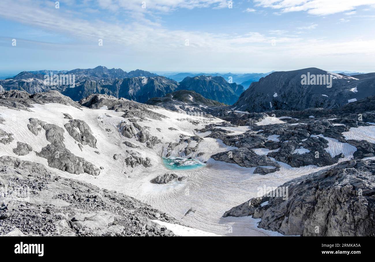 Mountain lake, snow remains, high alpine landscape, Uebergossene Alm ...