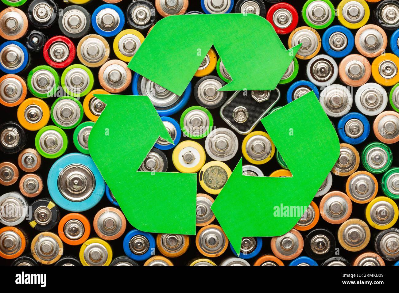 Battery pollution waste with recycle symbol Stock Photo - Alamy