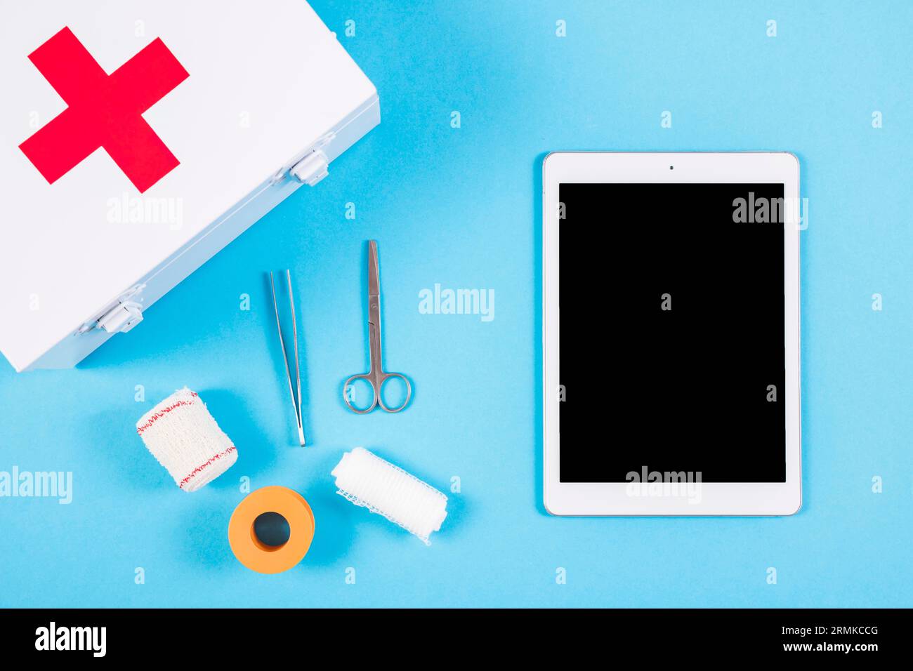 Medical equipments with first aid kit blank digital tablet blue ...