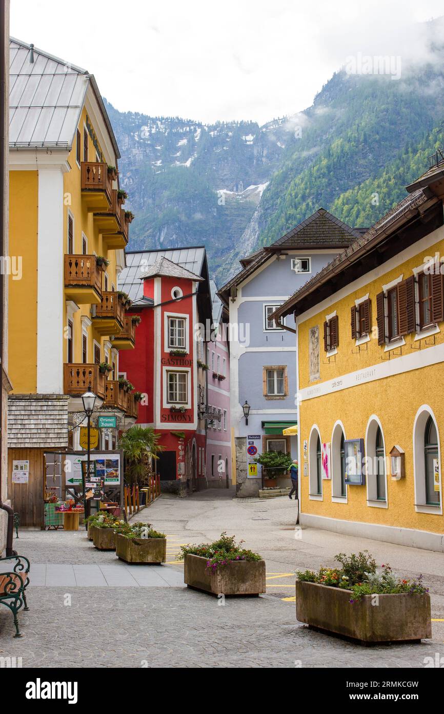 Hallstatt: June 11, 2021; street in famous Hallstatt mountain village ...