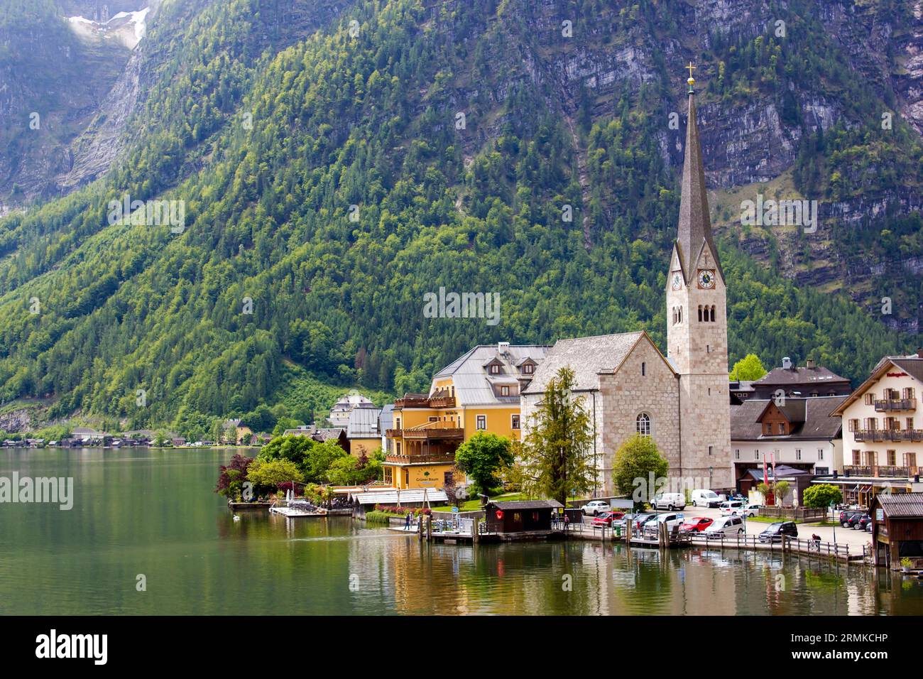 view of famous Hallstatt mountain village with Hallstatter lake See ...