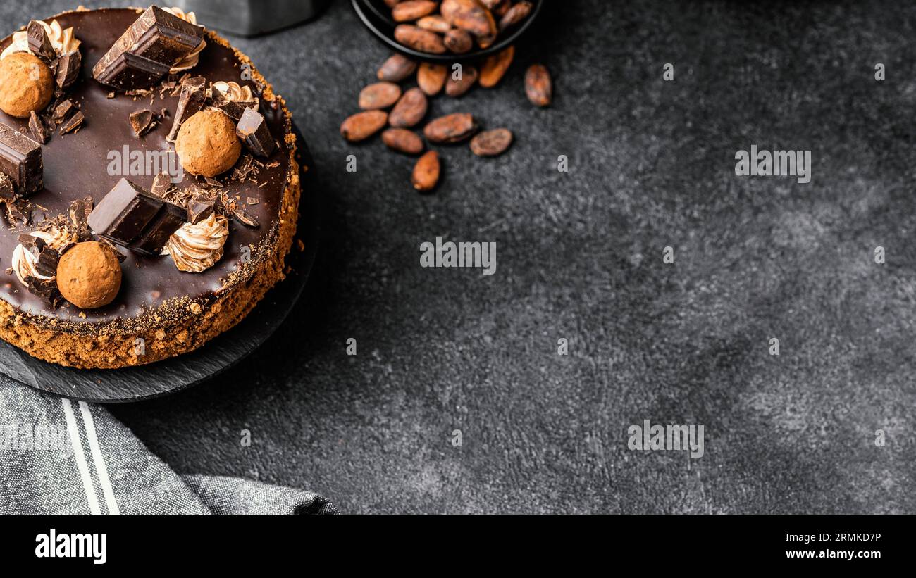 Top view delicious chocolate cake stand with copy space Stock Photo - Alamy