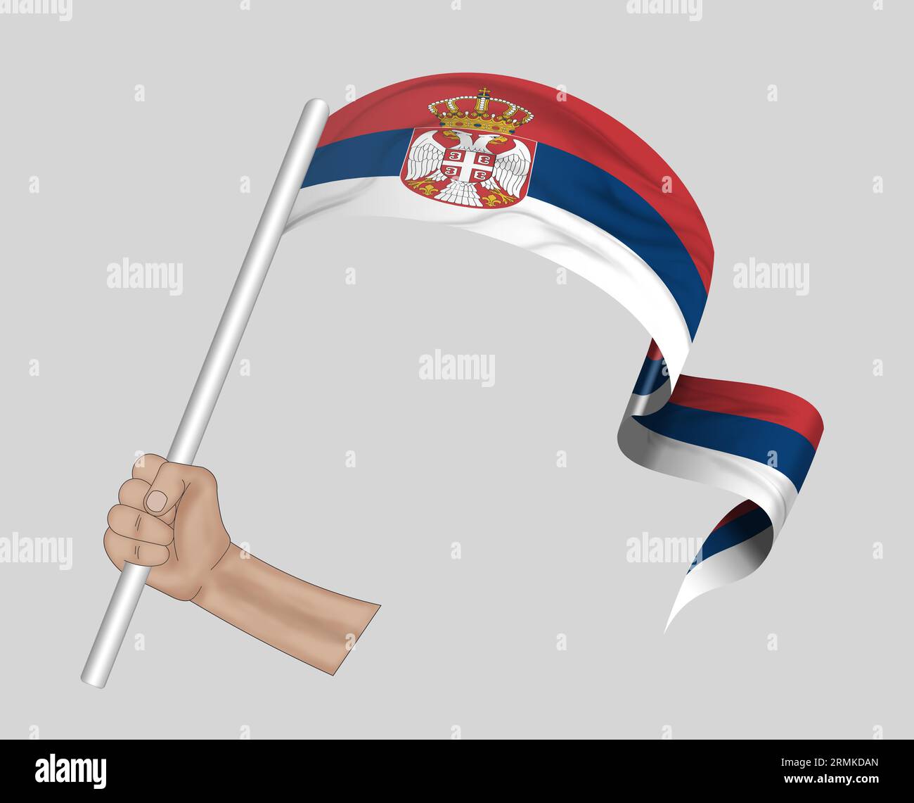 3D illustration. Hand holding flag of Serbia on a fabric ribbon ...