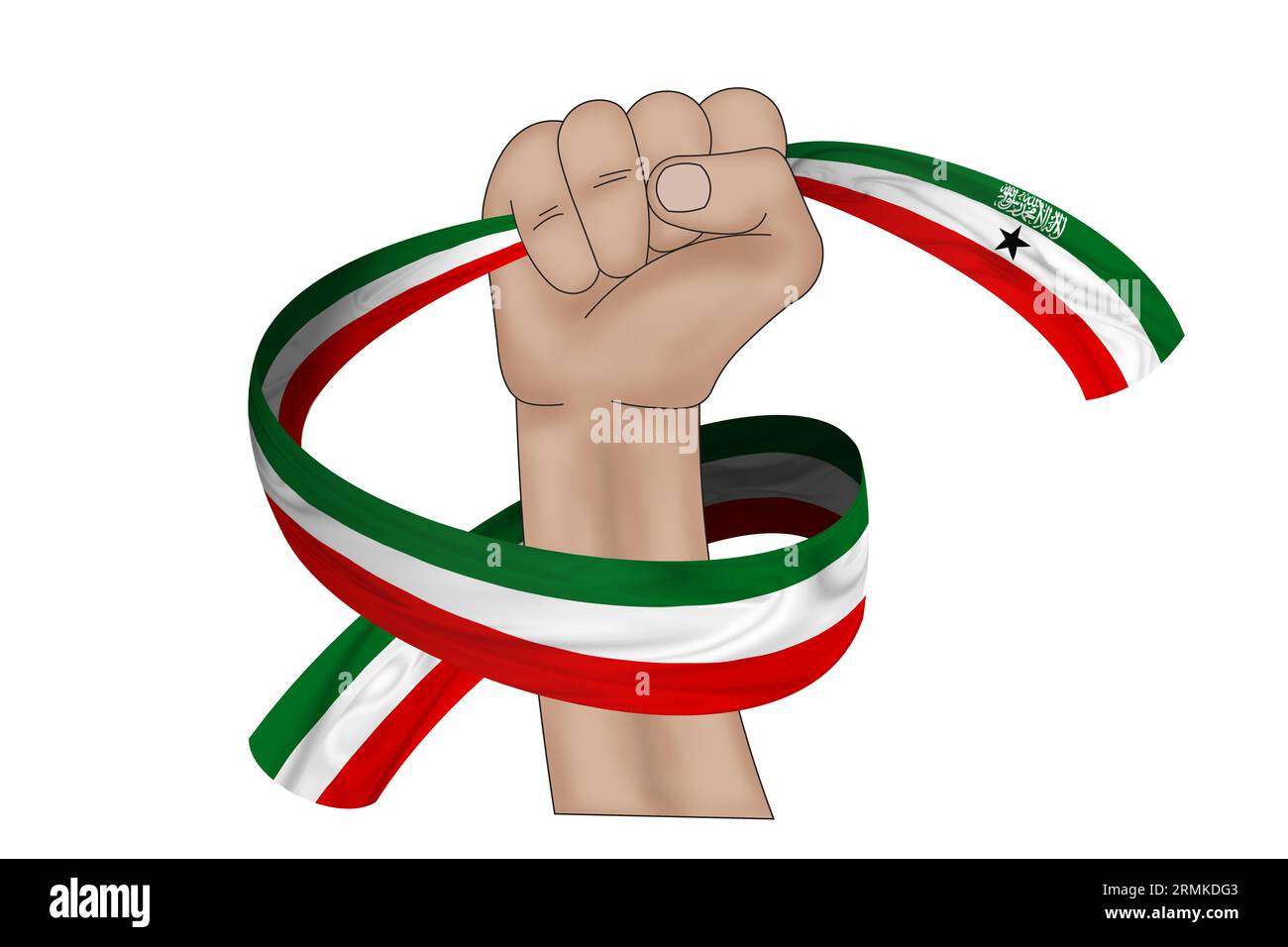 3D illustration. Hand holding flag of Somaliland on a fabric ribbon ...