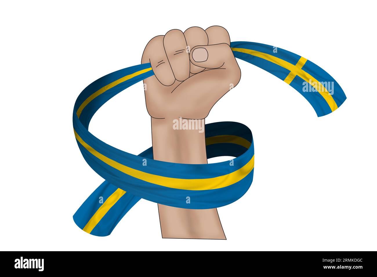3D illustration. Hand holding flag of Sweden on a fabric ribbon ...