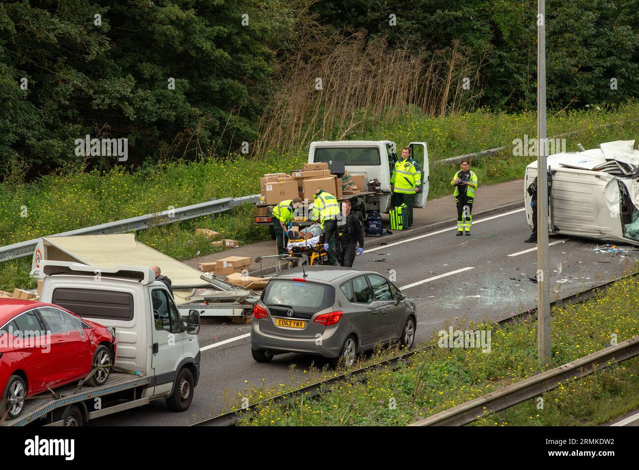 Brentwood, Uk, 29th Aug 2023. Accident involving two vans one is over ...