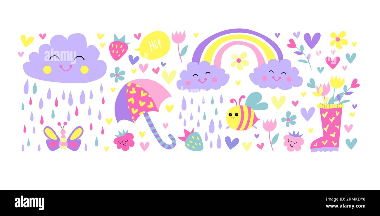 Cute rainy elements set. Childish flat vector illustration collection ...