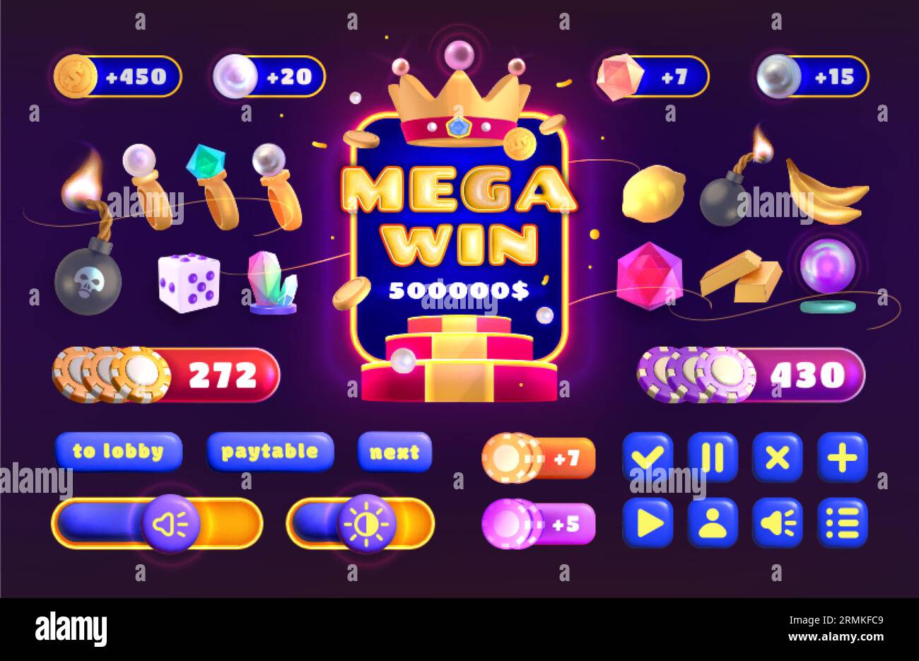 Casino icon for gambling ui game interface cartoon element set. Buttons ...