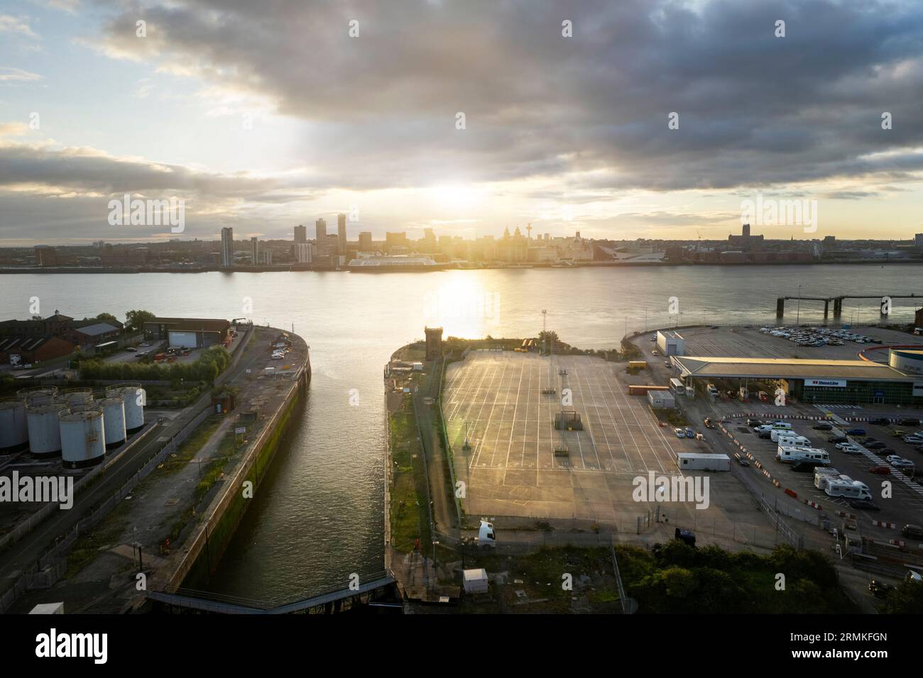 View of Liverpool skyline from Alfred Dock at Birkenhead Docks Wirral ...