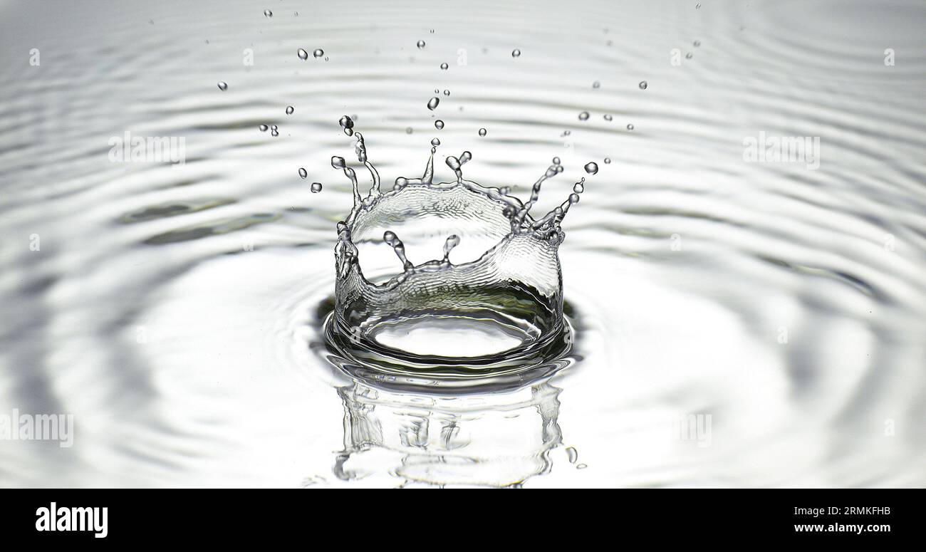 Drop of Water falling into Water against Grey background Stock Photo ...