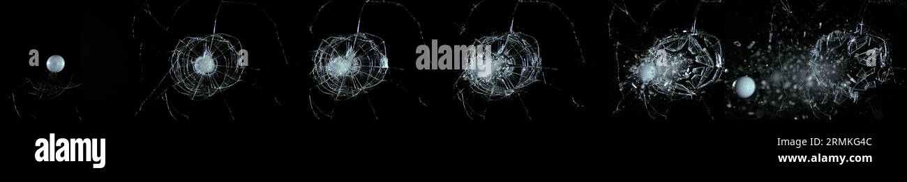 Golf Ball breaking Pane of Glass against Black Background Stock Photo ...