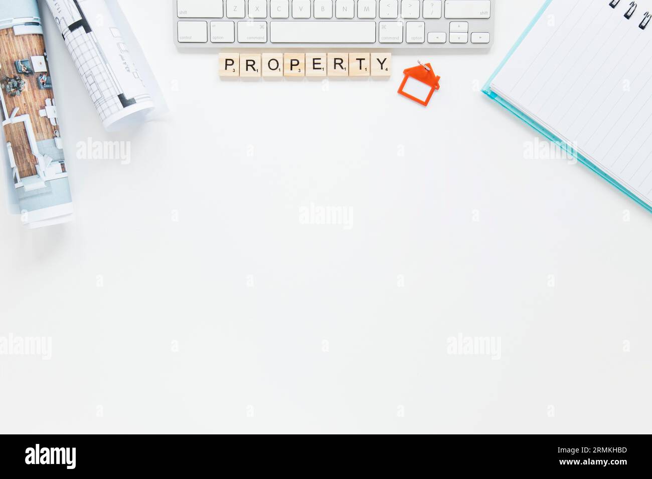 Diary keyboard with blueprint white backdrop Stock Photo - Alamy