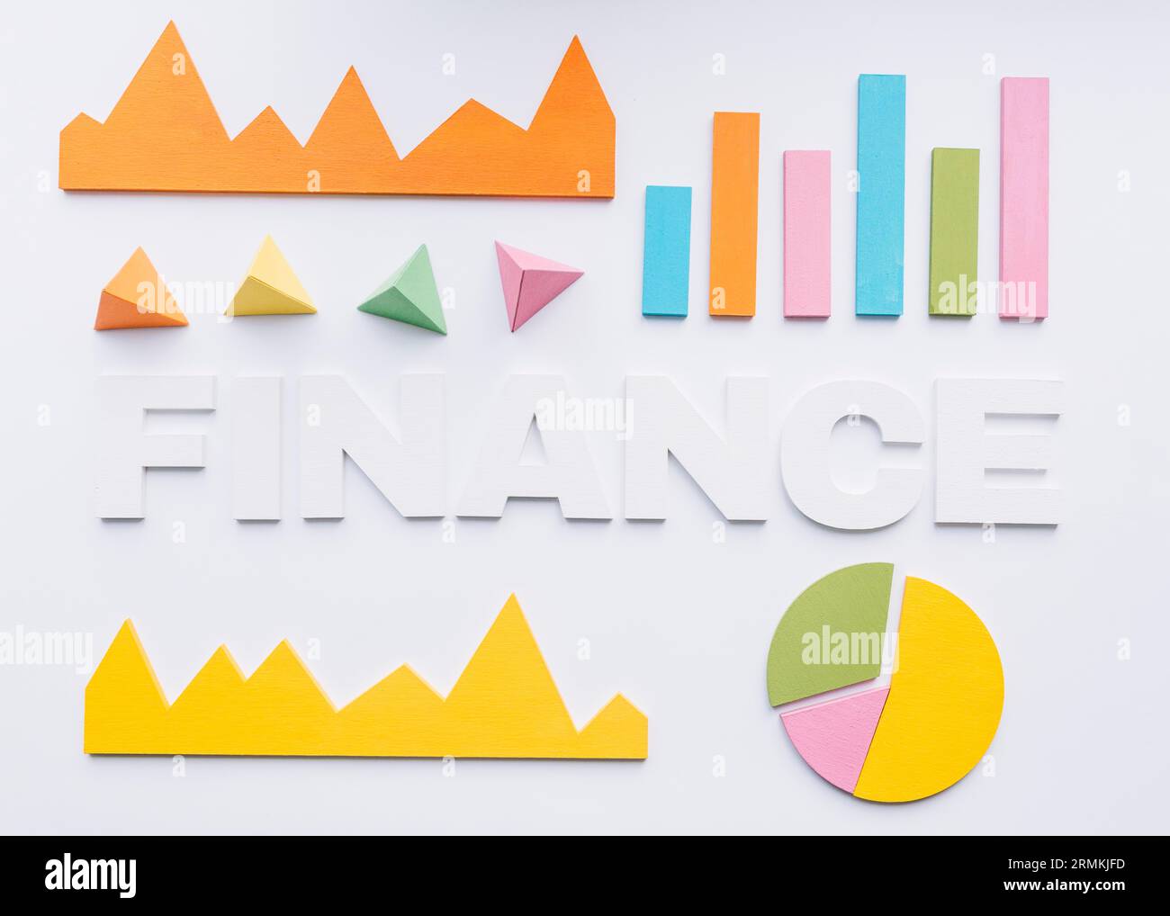 Overhead view finance word surrounded by various graphs white ...