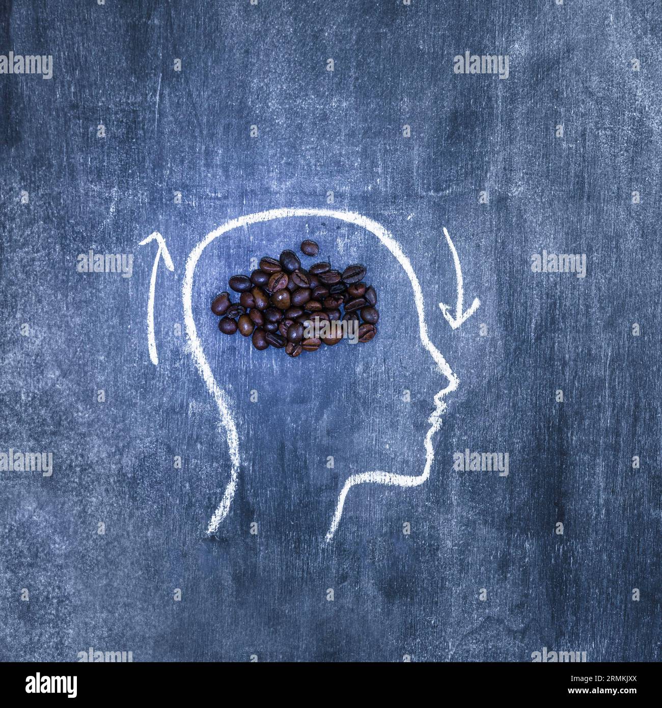 Roasted coffee beans inside outline face with arrows chalkboard Stock ...