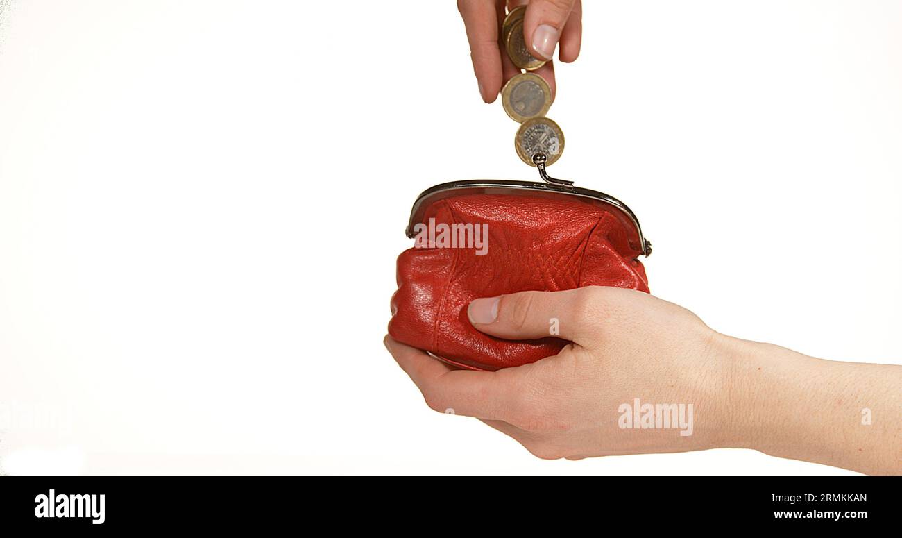 Hands of Woman and Purse with Euro Coins against white Background Stock ...