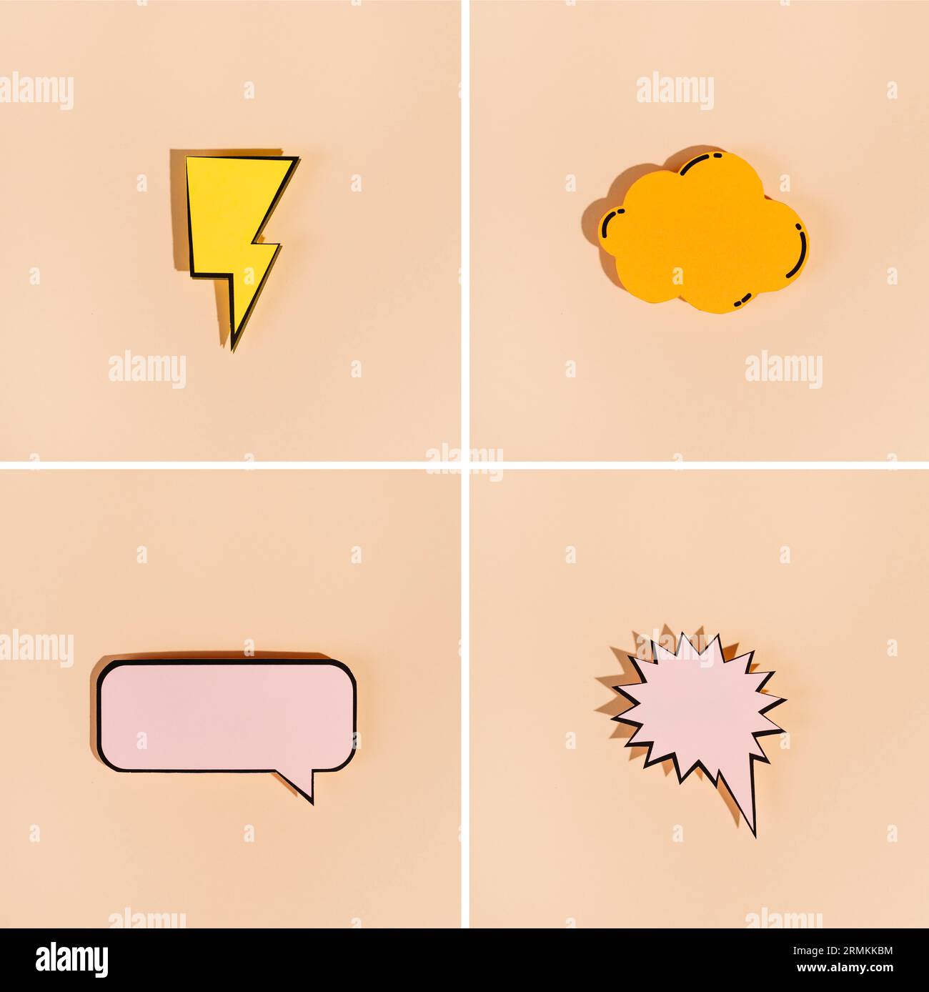 Thunderbolt cloud explosion rectangular speech bubbles beige background ...