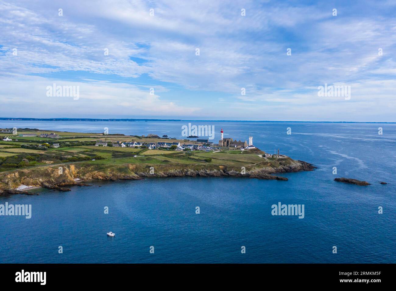 Aerial view Semaphore, ruins of Saint-Mathieu Abbey, lighthouse and ...