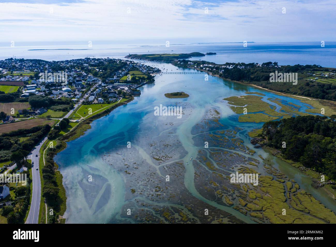 Aerial view of the estuary La Ria at high tide, Le Conquet, department ...