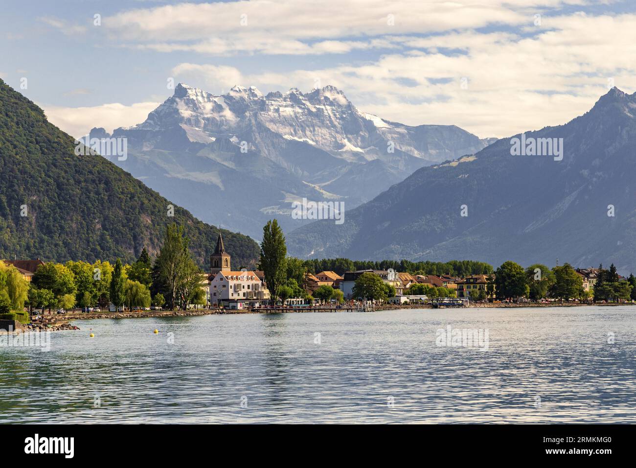 View of Villeneuve and the Dents du Midi mountain range, Lake Geneva, Lac Leman, Switzerland ...