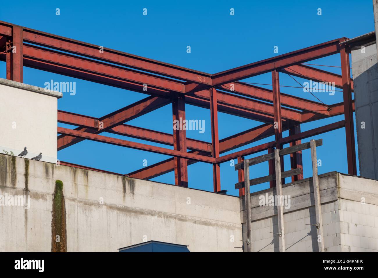 Steel scaffolding on a destroyed old industrial building Stock Photo ...