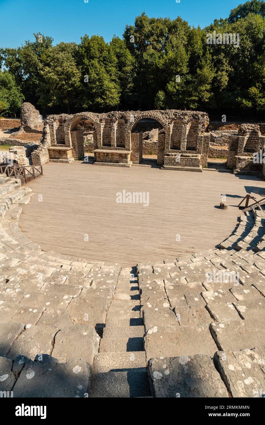Theater and amphitheater in the archaeological ruins of Butrint or ...