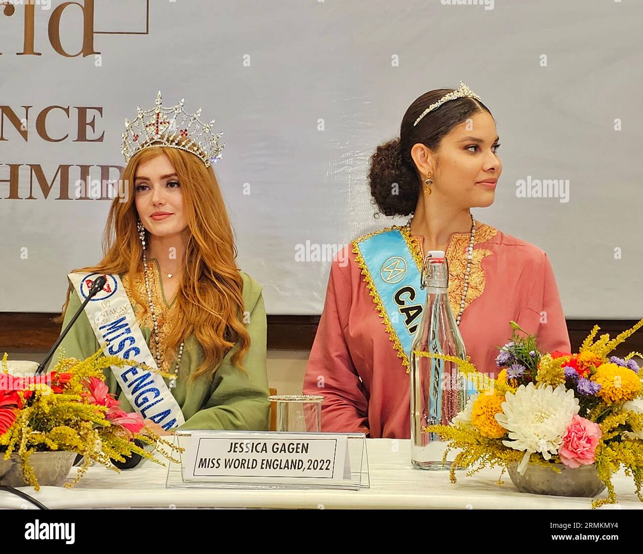 Srinagar, India. 28th Aug, 2023. Miss World England Jessica Gagen (L ...